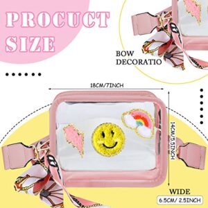 Chenille Patch Preppy PVC Clear Crossbody Bag Stadium Approved Small Transparent Preppy Makeup Bag Waterproof Clear Purse Square Zipper Clear Pouch for Women Girls Beach Travel (Pink)