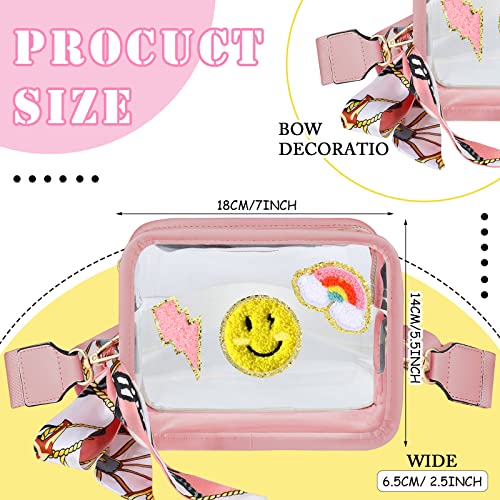 Chenille Patch Preppy PVC Clear Crossbody Bag Stadium Approved Small Transparent Preppy Makeup Bag Waterproof Clear Purse Square Zipper Clear Pouch for Women Girls Beach Travel (Pink)