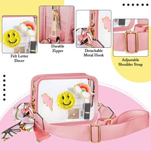 Chenille Patch Preppy PVC Clear Crossbody Bag Stadium Approved Small Transparent Preppy Makeup Bag Waterproof Clear Purse Square Zipper Clear Pouch for Women Girls Beach Travel (Pink)