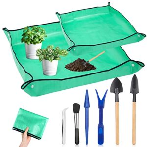 plant repotting mat for garden, 2 pcs waterproof potting mat foldable indoor plant mat portable square gardening mat potting tray with 6 pcs mini garden tools set for plant lovers gardening gifts