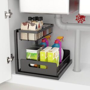 kitchen and bath under sink organizer, heavy duty metal under sink organizer, cabinet organizer, under sink organizer kitchen and under sink bathroom organizer and storage -black