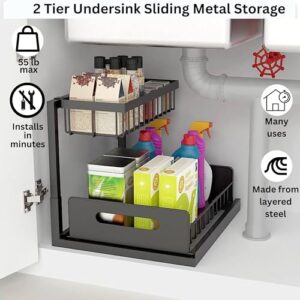 Kitchen and Bath Under Sink Organizer, Heavy Duty Metal Under Sink Organizer, Cabinet Organizer, Under Sink Organizer Kitchen and Under Sink Bathroom Organizer and Storage -Black