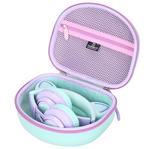 Tourmate Hard Travel Case for Riwbox CT-7 / CT-7S Cat Ear LED Light Kids Wireless Headphones, Protective Carrying Storage Bag (Purple&Green)