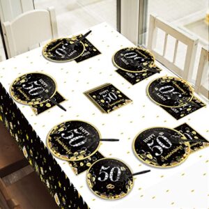 24 Guests 50th Wedding Anniversary Party Supplies, Gold Black Tablecloth Plates Napkins Forks Set for 50th Wedding Anniversary Party, Disposable Tableware Decorations Party Decorations Favors