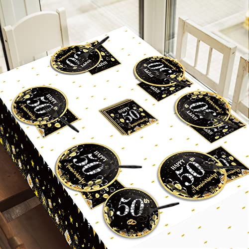 24 Guests 50th Wedding Anniversary Party Supplies, Gold Black Tablecloth Plates Napkins Forks Set for 50th Wedding Anniversary Party, Disposable Tableware Decorations Party Decorations Favors