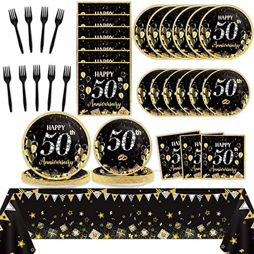 24 Guests 50th Wedding Anniversary Party Supplies, Gold Black Tablecloth Plates Napkins Forks Set for 50th Wedding Anniversary Party, Disposable Tableware Decorations Party Decorations Favors