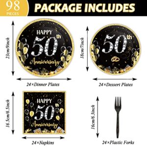 24 Guests 50th Wedding Anniversary Party Supplies, Gold Black Tablecloth Plates Napkins Forks Set for 50th Wedding Anniversary Party, Disposable Tableware Decorations Party Decorations Favors