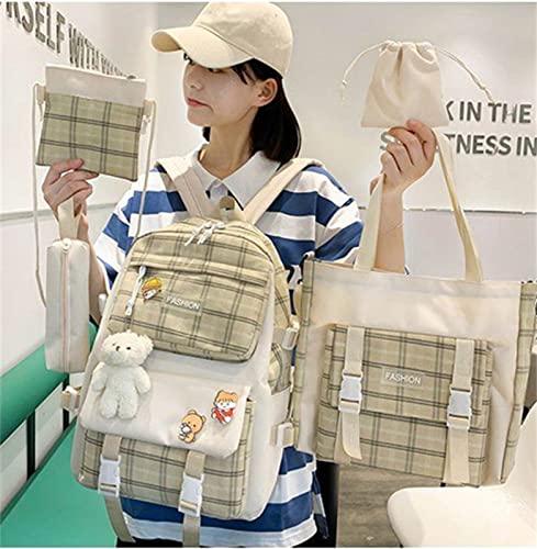 SAMAHBOE Kawaii Backpack set 5 Pcs School Backpack Cute Aesthetic Backpack Set Aesthetic School Bags Cute Bookbag with Badge& Plush Pendan,Shoulder Bag,Pencil Box,Tote Bag,Small Bag