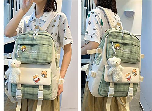 SAMAHBOE Kawaii Backpack set 5 Pcs School Backpack Cute Aesthetic Backpack Set Aesthetic School Bags Cute Bookbag with Badge& Plush Pendan,Shoulder Bag,Pencil Box,Tote Bag,Small Bag