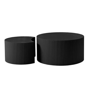 kevinplus Black Modern Nesting Coffee Table Set of 2 Round Side Table End Table for Living Room, Wood Circle Drum Coffee Table Contemporary Living Room End Table, Matte Black