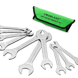 SWANLAKE 10Pcs Super-Thin Open End Wrench Set, CR-V Steel, Metric Size 5.5, 7, 8, 9, 10, 11, 12, 13, 14, 15, 16, 17, 18, 19, 20, 21, 22, 23, 24, 27mm Slim Spanner Wrench Set with Pouch(10pcs METRIC)