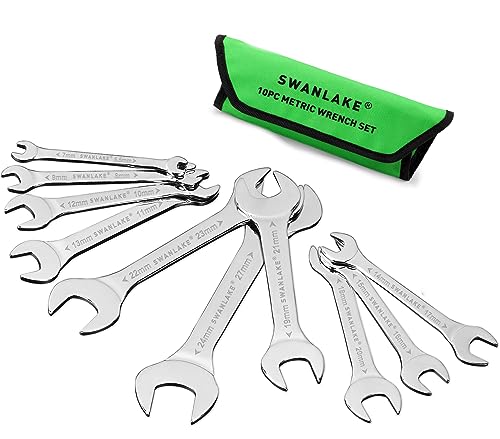 SWANLAKE 10Pcs Super-Thin Open End Wrench Set, CR-V Steel, Metric Size 5.5, 7, 8, 9, 10, 11, 12, 13, 14, 15, 16, 17, 18, 19, 20, 21, 22, 23, 24, 27mm Slim Spanner Wrench Set with Pouch(10pcs METRIC)