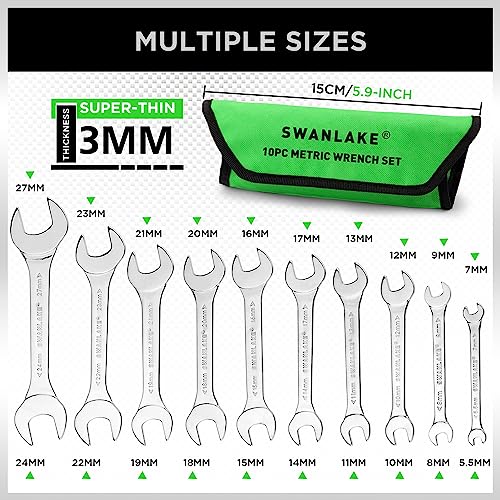 SWANLAKE 10Pcs Super-Thin Open End Wrench Set, CR-V Steel, Metric Size 5.5, 7, 8, 9, 10, 11, 12, 13, 14, 15, 16, 17, 18, 19, 20, 21, 22, 23, 24, 27mm Slim Spanner Wrench Set with Pouch(10pcs METRIC)