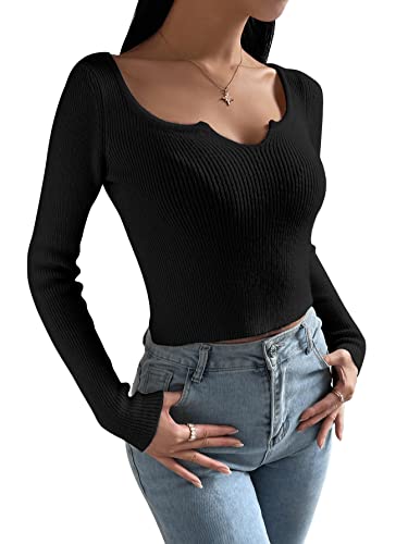 SweatyRocks Women's Long Sleeve Notched V Neck Crop Sweater Ribbed Knit Pullover Top Black Large