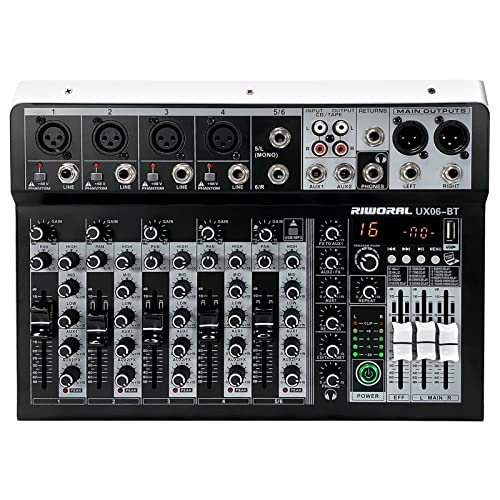 6 Channel Audio Interface Sound Board Mixing Console 16-Bit DSP DJ Mixer Audio Reverb Effect +48V Phantom Bluetooth Studio Audio Mixer For Karaoke Studio Streaming Recording