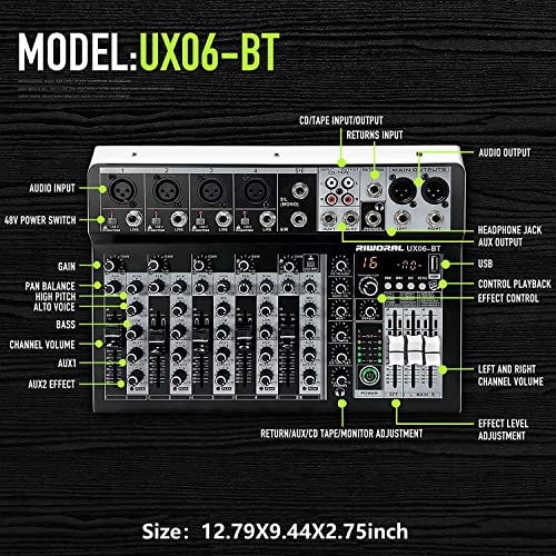 6 Channel Audio Interface Sound Board Mixing Console 16-Bit DSP DJ Mixer Audio Reverb Effect +48V Phantom Bluetooth Studio Audio Mixer For Karaoke Studio Streaming Recording