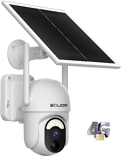 SOLIOM 3G/4G LTE Cellular Solar Security Cameras with SIM Card,Wireless Outdoor Battery Powered Camera Pan Tilt 355°View with 1080p Night Vision,No WiFi,Spotlight PIR Motion Sensor, S40