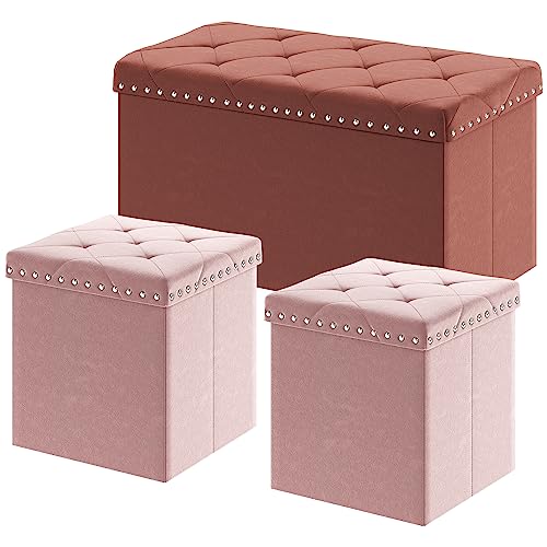 YITAHOME Velvet Tufted Storage Ottoman Bench with Stylish Rivets, for Bedroom Living Room Dressing Room for Multipurpose use (Set of 3, Pink)