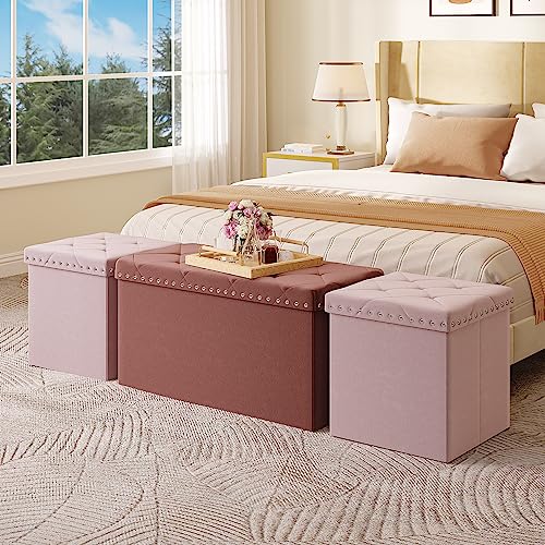 YITAHOME Velvet Tufted Storage Ottoman Bench with Stylish Rivets, for Bedroom Living Room Dressing Room for Multipurpose use (Set of 3, Pink)