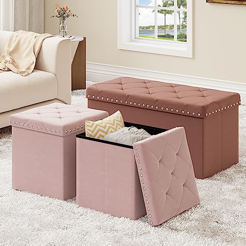 YITAHOME Velvet Tufted Storage Ottoman Bench with Stylish Rivets, for Bedroom Living Room Dressing Room for Multipurpose use (Set of 3, Pink)