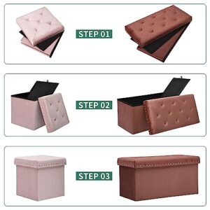 YITAHOME Velvet Tufted Storage Ottoman Bench with Stylish Rivets, for Bedroom Living Room Dressing Room for Multipurpose use (Set of 3, Pink)