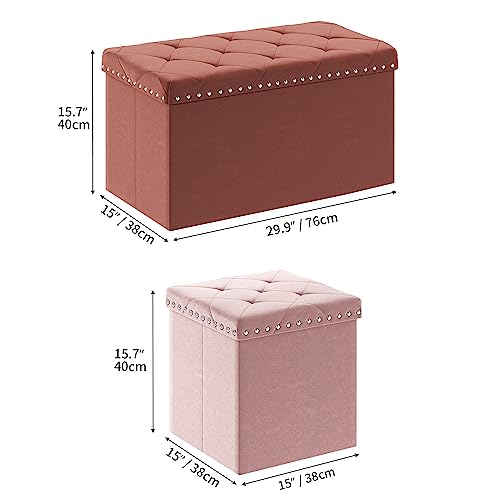 YITAHOME Velvet Tufted Storage Ottoman Bench with Stylish Rivets, for Bedroom Living Room Dressing Room for Multipurpose use (Set of 3, Pink)