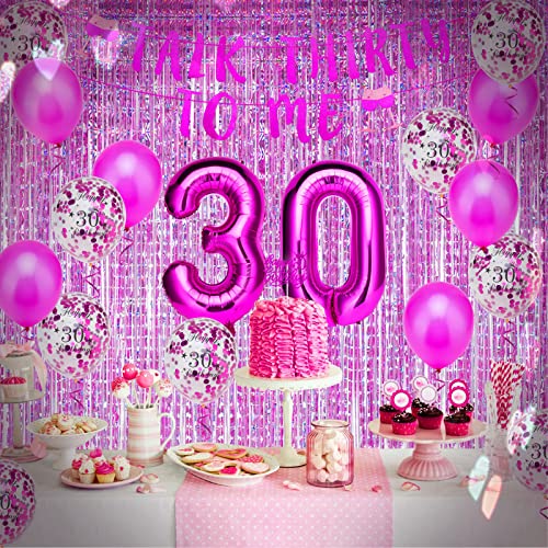 30th Birthday Decorations for Women,30 Birthday Decorations for Her, Hot Pink Talk Thirty to Me Banner,Crown, Sash, Cake Topper and Number Balloon, 30th Birthday Party Decorations Supplies for Women