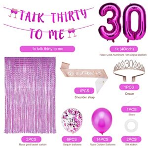 30th Birthday Decorations for Women,30 Birthday Decorations for Her, Hot Pink Talk Thirty to Me Banner,Crown, Sash, Cake Topper and Number Balloon, 30th Birthday Party Decorations Supplies for Women