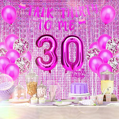 30th Birthday Decorations for Women,30 Birthday Decorations for Her, Hot Pink Talk Thirty to Me Banner,Crown, Sash, Cake Topper and Number Balloon, 30th Birthday Party Decorations Supplies for Women