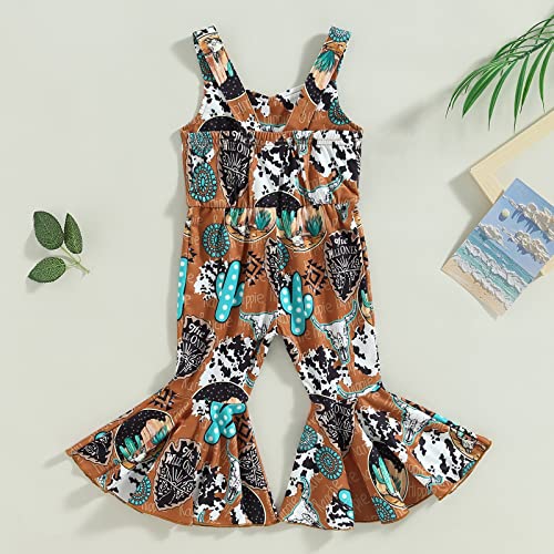 Sejardin Toddler Baby Girl Bell Bottoms Romper Western Cow Pattern Sleeveless Jumpsuit Overalls Infant Girl Summer Clothes (Brown Cow, 18-24 Months)