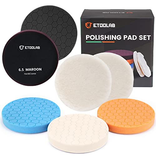 ETOOLAB 7Pcs 6.5 Inch Buffing Polishing Pad [Design for 6 Inch] 150mm Backing Plate Compound, 5 Sponge Pad & 2 Wool Grip Pads Buffing Sponge Pads for Car Buffer Polisher Compounding, Polishing,Waxing