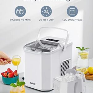 Silonn Ice Maker Countertop, Portable Ice Machine with Carry Handle, Self-Cleaning Ice Makers with Basket and Scoop, 9 Cubes in 6 Mins, 26 lbs per Day, Ideal for Home, Kitchen, Camping, RV