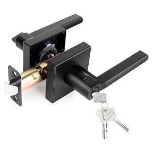 loqron keyed entry door lever square heavy duty door lock with key exterior interior door handle reversible for bedroom office or front door door, matte black finish