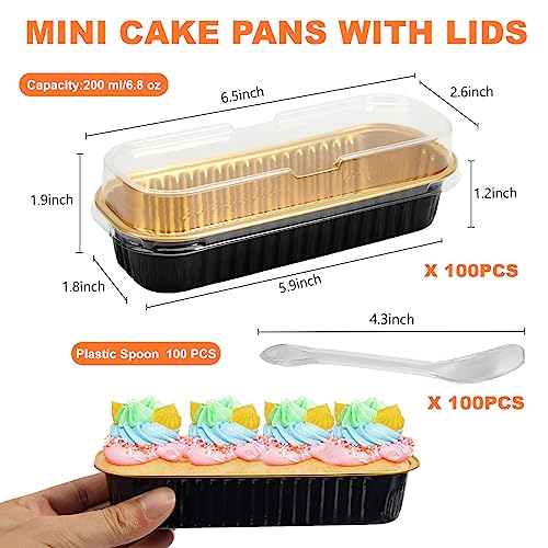 SGAOFIEE 100 Pack Mini Cake Pans With Lids, 6.8 Oz Mini Loaf Pans with Lids, Aluminum Foil Mini Cake Pans, Rectangle Baking Cups Muffin Tins, Disposable Bread Pan(100 Pack, 6.8oz)