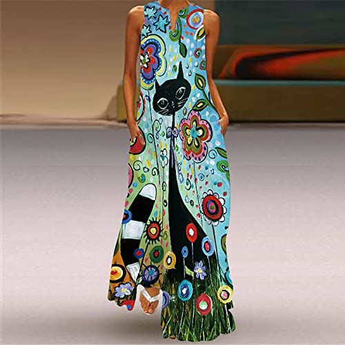 Maxi Dress for Women Summer,Women's Casual Loose Elegant Long Dress Sleeveless Split Beach Floral Dresses with Pockets,Womens Casual Dress