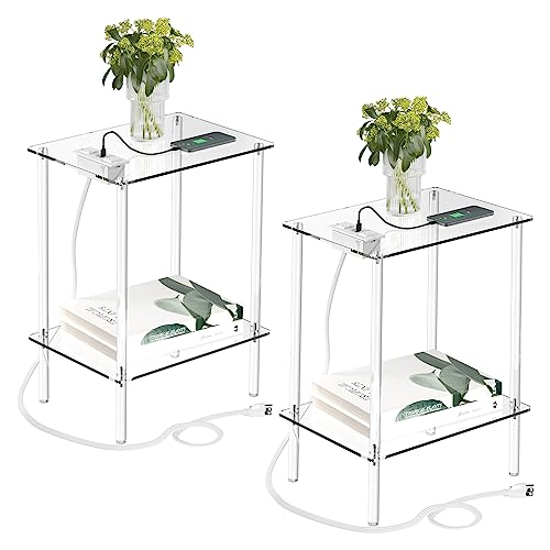 Eglaf Acrylic Side Table Set of 2 with Charging Station & USB Ports - Small End Table - Nightstand Bedside Table for Living Room, Bedroom - 15.7'' L x 11.8'' W x 21.7'' H, 2 Tier