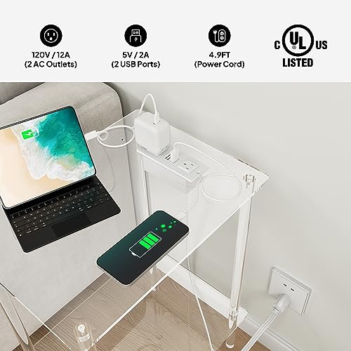 Eglaf Acrylic Side Table Set of 2 with Charging Station & USB Ports - Small End Table - Nightstand Bedside Table for Living Room, Bedroom - 15.7'' L x 11.8'' W x 21.7'' H, 2 Tier