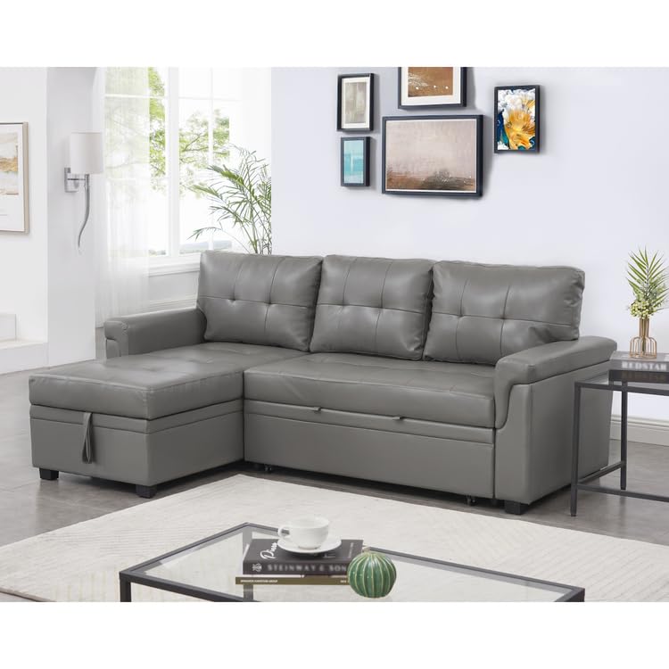 Naomi Home Diora Sectional Sleeper Sofa - Elegant L-Shaped Couch Convertible Pull-Out Bed, Ample Storage, Timeless Design, Sturdy Construction, Long-Lasting for Modern Living, Air Leather, Gray