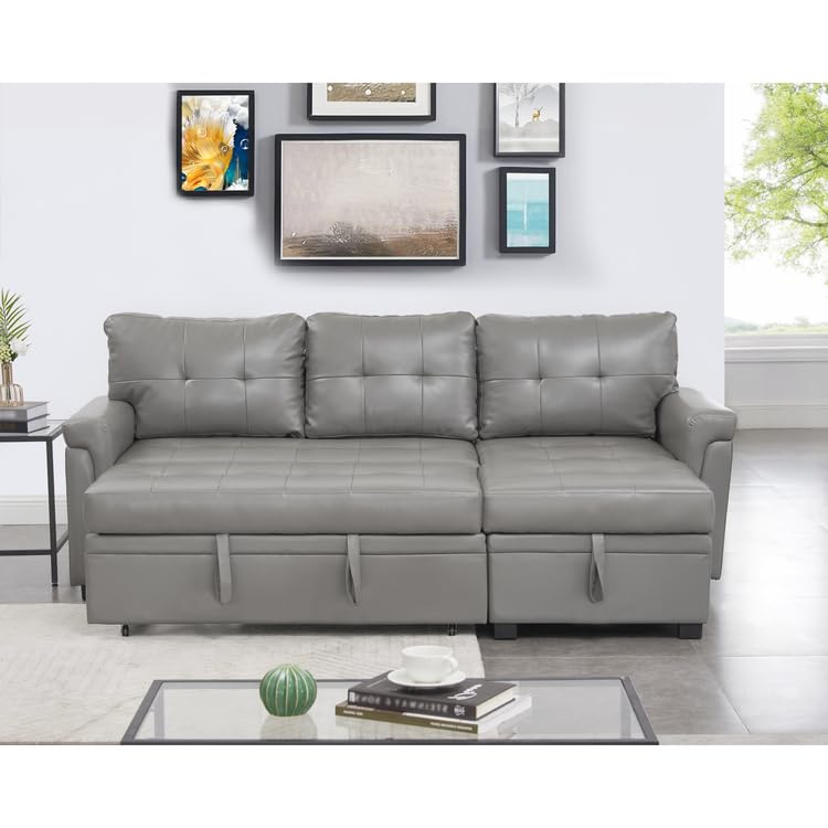 Naomi Home Diora Sectional Sleeper Sofa - Elegant L-Shaped Couch Convertible Pull-Out Bed, Ample Storage, Timeless Design, Sturdy Construction, Long-Lasting for Modern Living, Air Leather, Gray