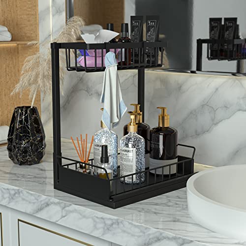 JUJEKWK Bathroom Organizer Under SInk 2 Pack, 2 Tier Under Sink Organizers and Storage, Drawer Organizer, L Shaped Cabinet organizer (Steel)