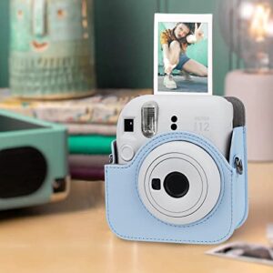 Solid color instant camera case compatible with Fujifilm Instax Mini 12 instant camera -mini 12 camera case PU leather bag with pocket and adjustable shoulder strap and 64 Pocket Album (Sky Blue)