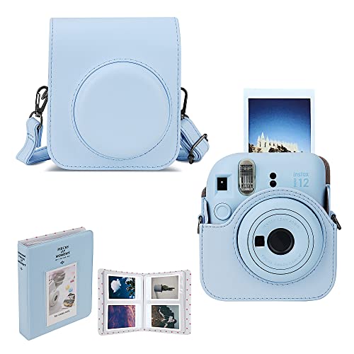 Solid color instant camera case compatible with Fujifilm Instax Mini 12 instant camera -mini 12 camera case PU leather bag with pocket and adjustable shoulder strap and 64 Pocket Album (Sky Blue)