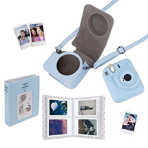 Solid color instant camera case compatible with Fujifilm Instax Mini 12 instant camera -mini 12 camera case PU leather bag with pocket and adjustable shoulder strap and 64 Pocket Album (Sky Blue)