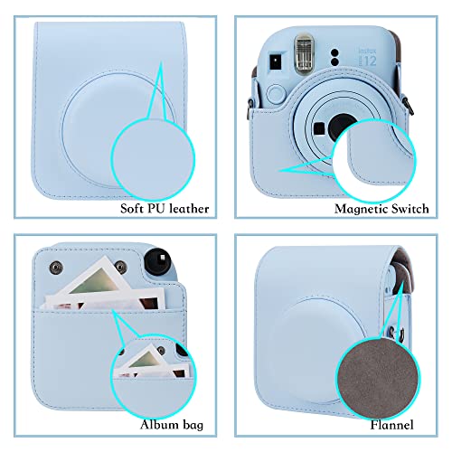 Solid color instant camera case compatible with Fujifilm Instax Mini 12 instant camera -mini 12 camera case PU leather bag with pocket and adjustable shoulder strap and 64 Pocket Album (Sky Blue)