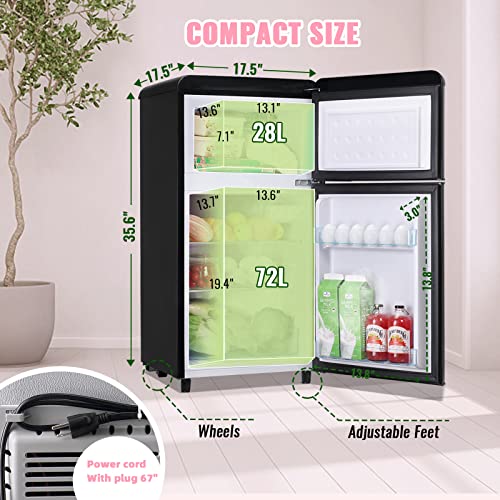 WANAI 3.5 Cu.ft Retro Mini Fridge with Freezer Compact Refrigerators Black Small Fridge Dual Door Classic Refrigerator Removable Glass Shelves Adjustable Thermostat for Home Office Dorm RV