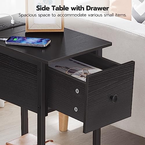 HOOBRO Side Table with Charging Station, Narrow End Table, Bedside Table, Sofa Side Table with Drawer, 2-Tier Coffee Table, Space Saving, for Living Room, Bedroom, Study, Black BK041UBZ01