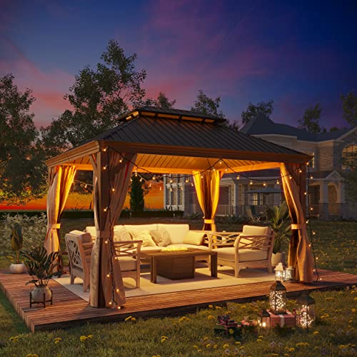 GAZEBEST 10'x12' Hardtop Gazebo Outdoor Aluminum Patio Gazebo Double Roof Galvanized Steel Gazebo Canopy Wooden Finish Coated with Netting and Curtains,for Garden Patio,Patio Backyard,Deck and Lawns