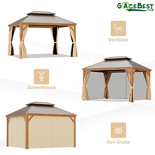 GAZEBEST 10'x12' Hardtop Gazebo Outdoor Aluminum Patio Gazebo Double Roof Galvanized Steel Gazebo Canopy Wooden Finish Coated with Netting and Curtains,for Garden Patio,Patio Backyard,Deck and Lawns