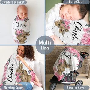 Personalized Baby Blanket for Girls, Pink Flower Farm Cow Baby Blanket, Pink Cow Print Blanket, Baby Gifts for Newborn, Customized Pink Blanket for Baby Girl, Personalized Baby Blankets with Name