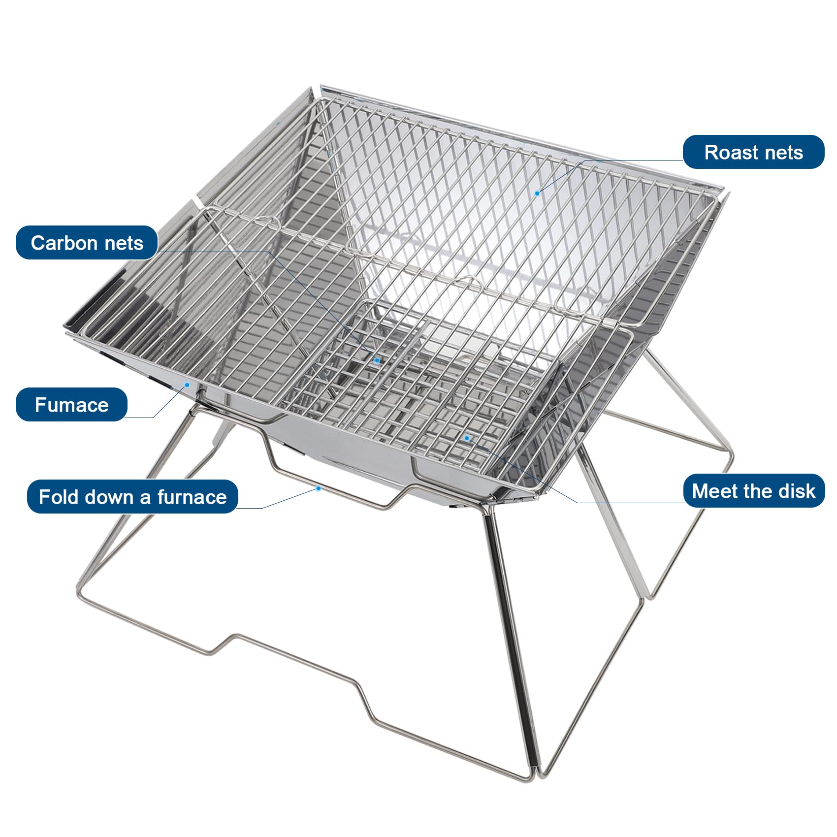 Portable Charcoal Grill,Quadrangle barbecue rack, Folding Stainless Steel Camping Fire Pit，Backpacking Grill for Outdoor Cooking Hiking Camping Picnics